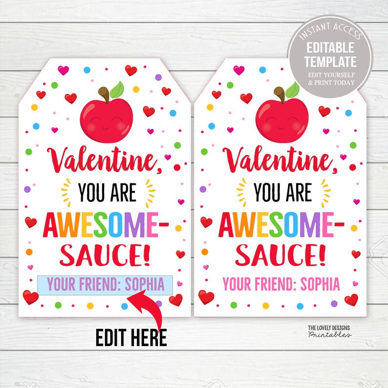 Applesauce Valentine Gift Tag You're Awesome Sauce Valentines Day Tag ...