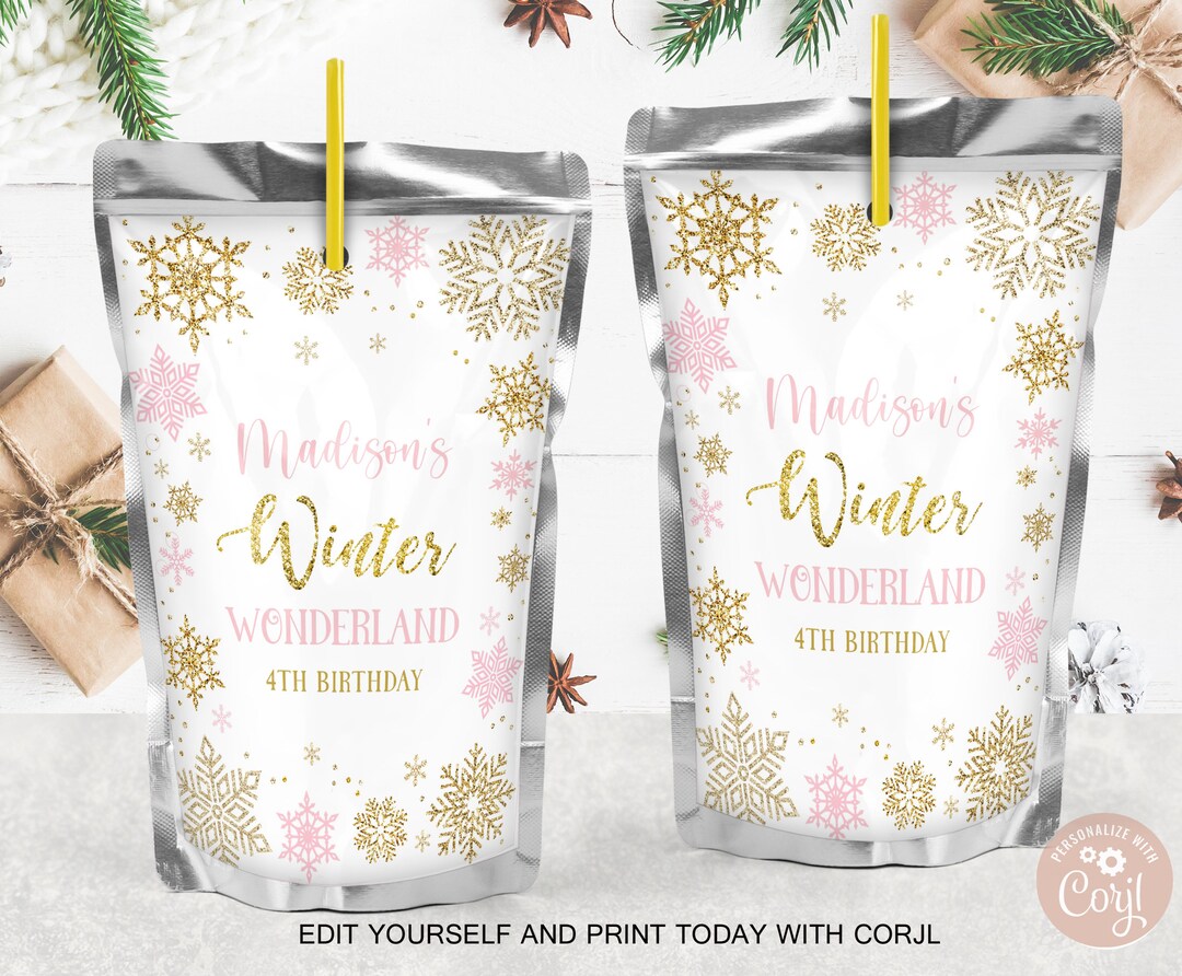 Editable Winter Wonderland Juice Pouch Label Winter Birthday Party ...