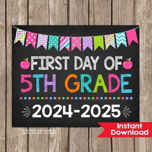 Girl First Day of 5th Grade Sign 8x10 INSTANT DOWNLOAD Photo Prop First ...
