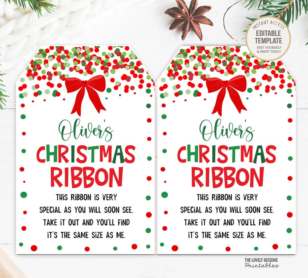Editable Christmas Ribbon Ornament Tag, Holiday Ribbon Tag Height ...