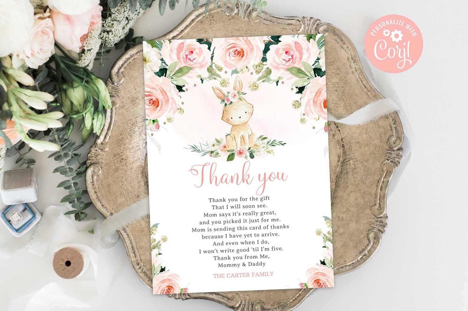 Editable Bunny Thank You Card Bunny Baby Shower Card Easter Bunny ...