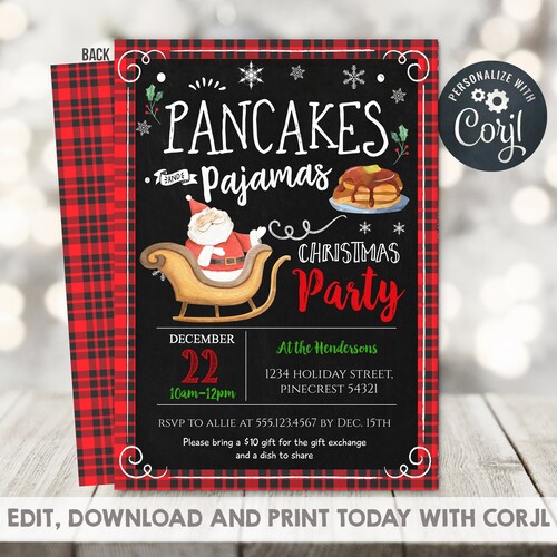 Pancakes And Pajamas Invitation Christmas Breakfast Party Etsy