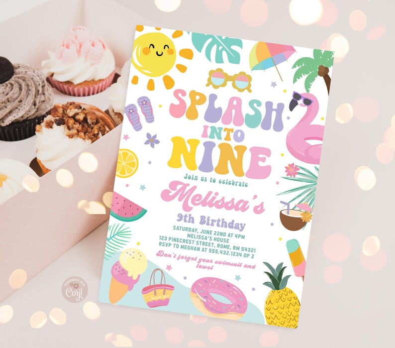 Editable Splash Into Nine 9th Birthday Pool Party Invitation Splish ...