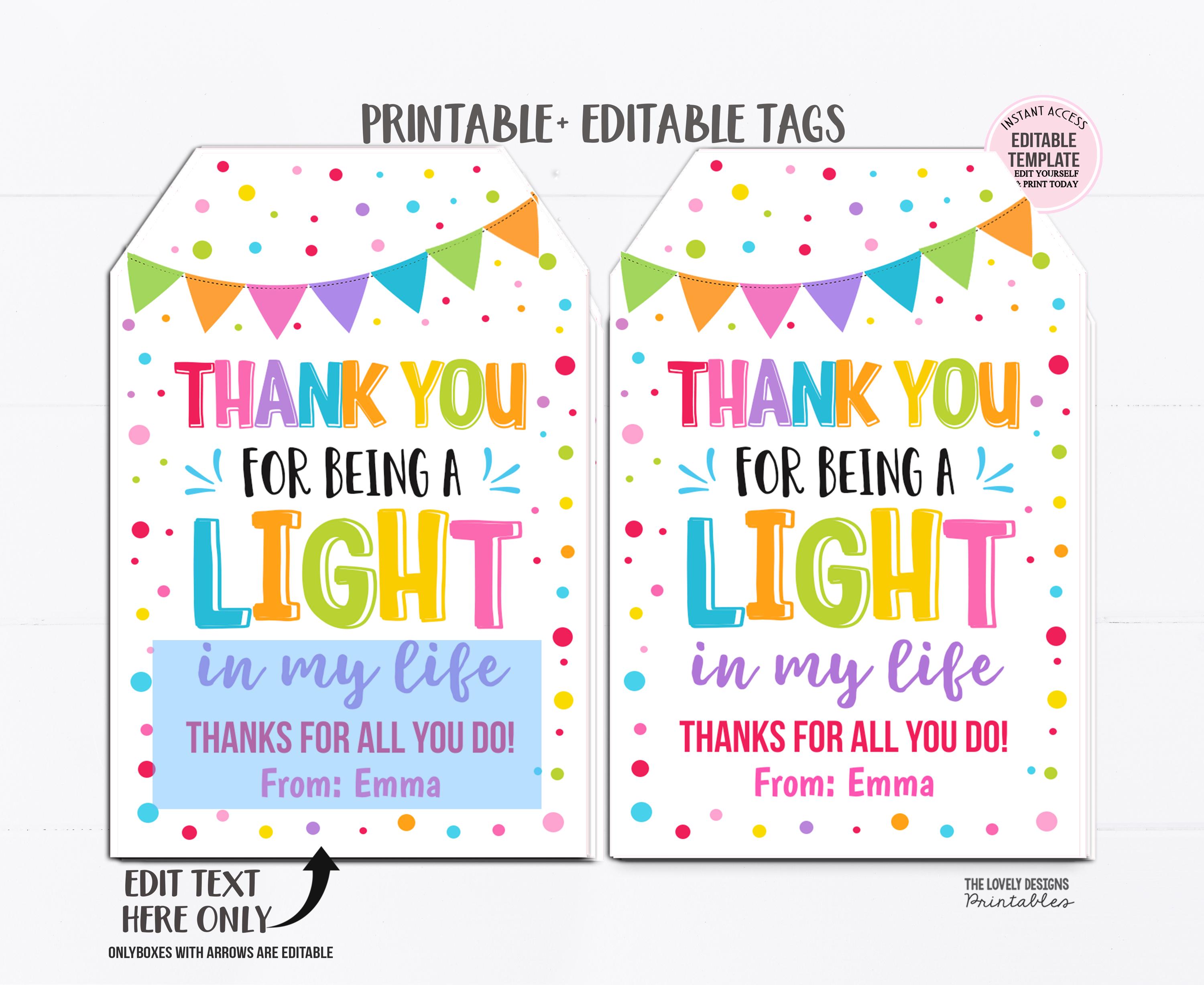 Thank You for Being a Light in My Life Candle Tag, Lights Gift ...
