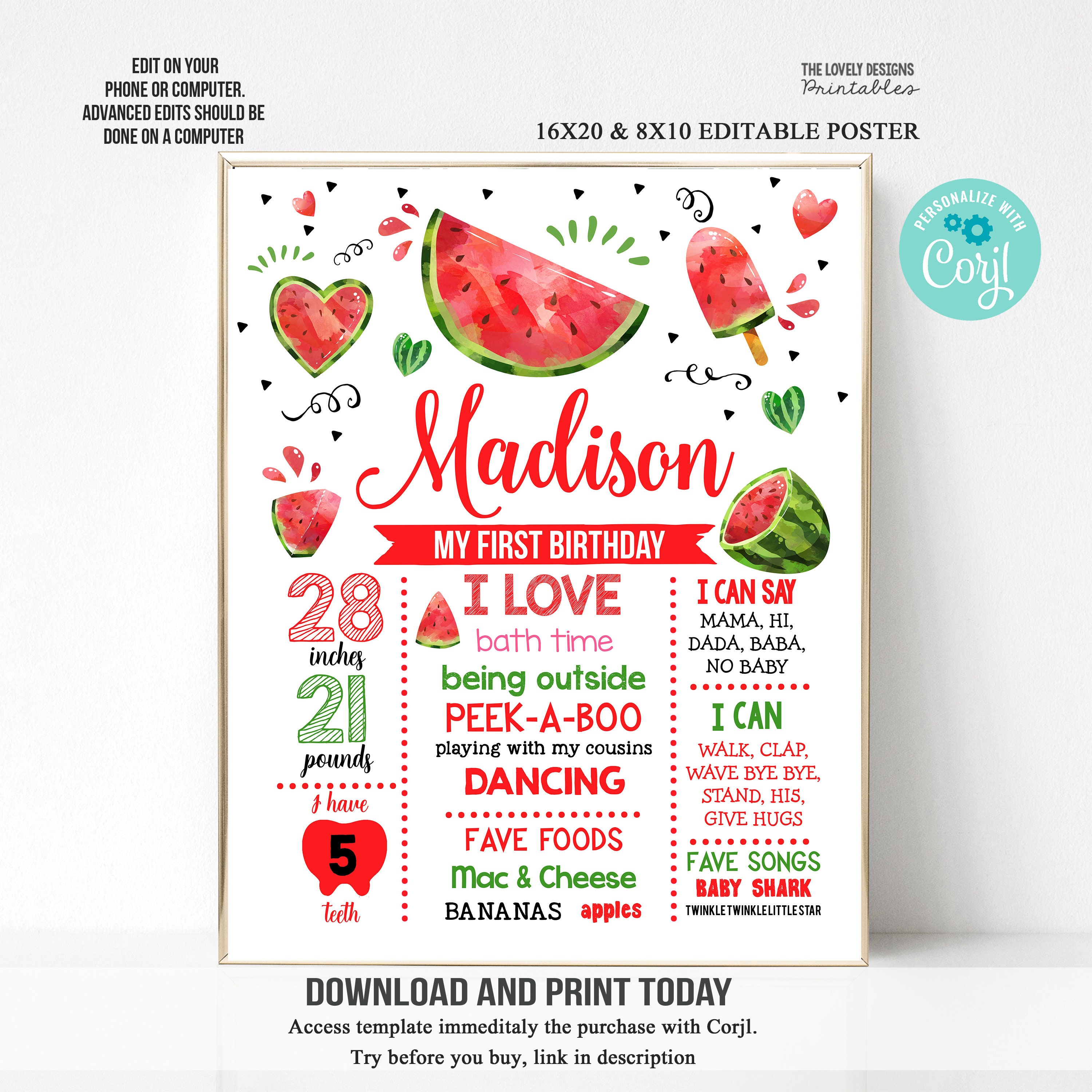 Editable Watermelon Birthday Chalkboard Watermelon Birthday, First ...