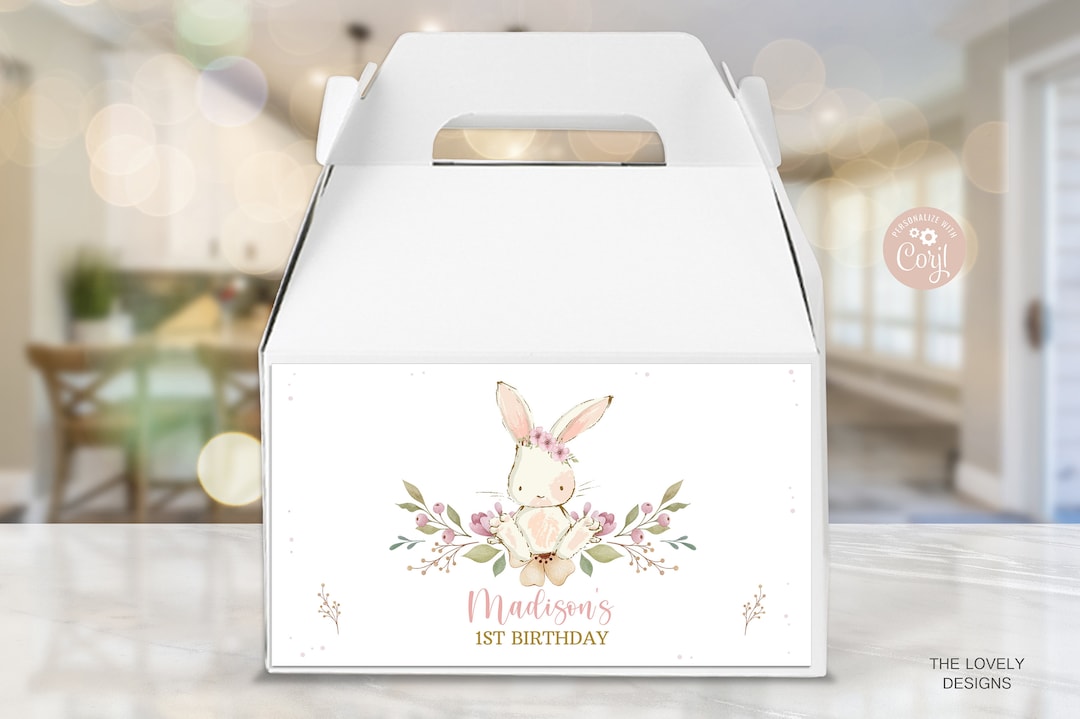 EDITABLE Gable Box Label Bunny Birthday Easter Bunny Pink Floral Spring ...