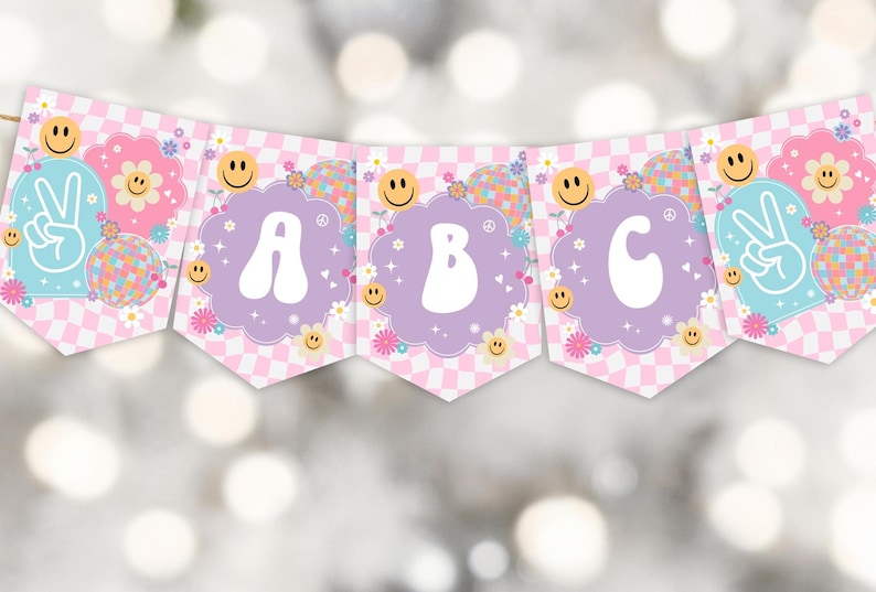 Banner A-Z Alphabet Numbers Smile Face Retro Groovy Birthday Bunting ...