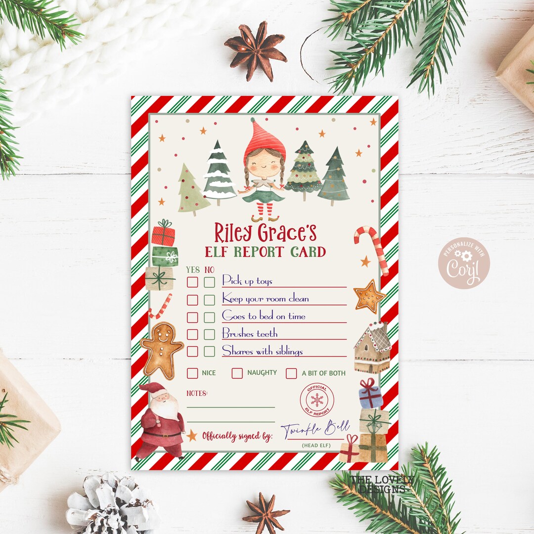 EDITABLE Girl Elf Report Card Christmas Elf Report Card Santa Claus Elf ...