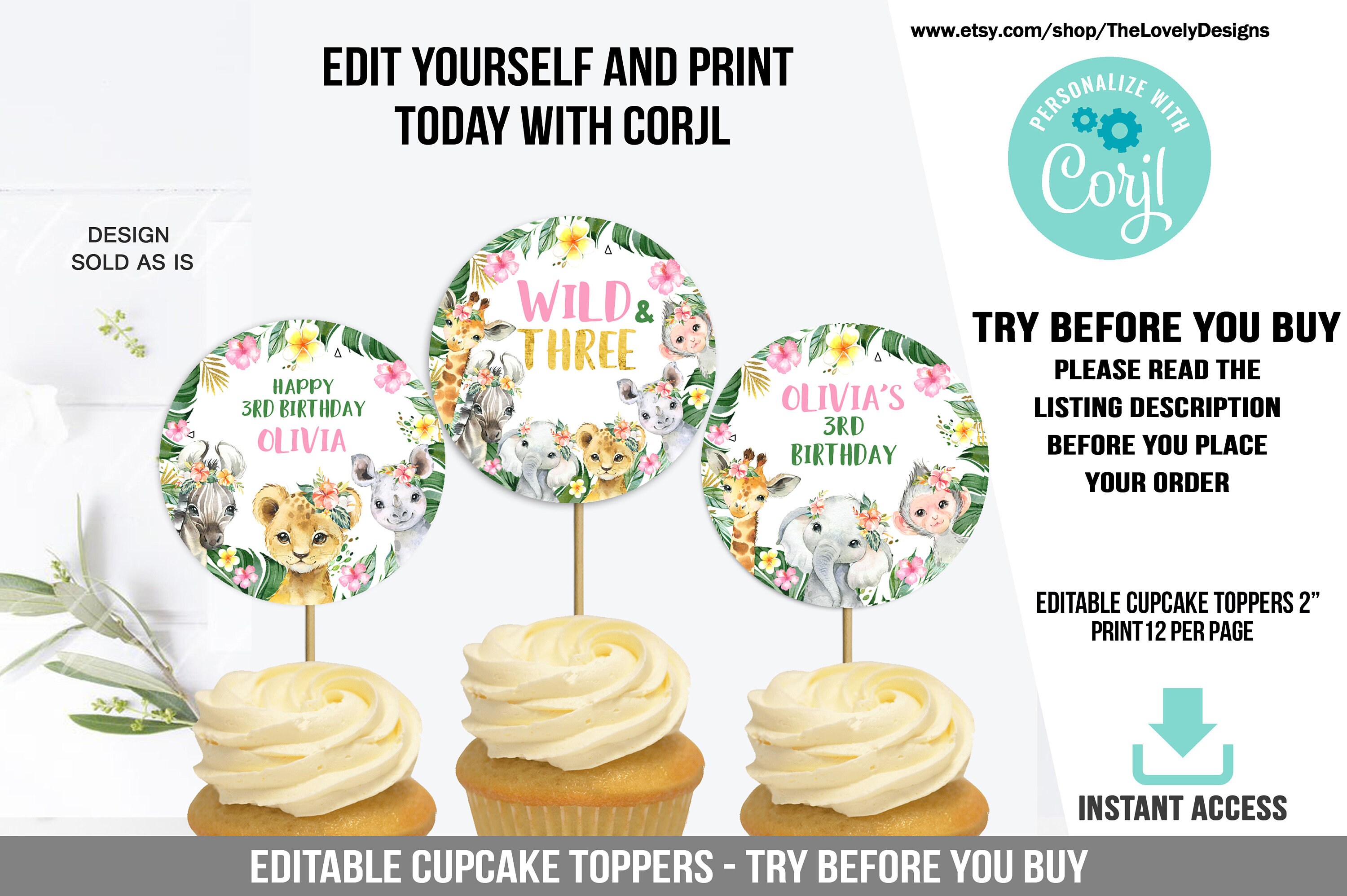 EDITABLE Jungle Wild and Three Cupcake Toppers Jungle Girl 3rd Birthday ...
