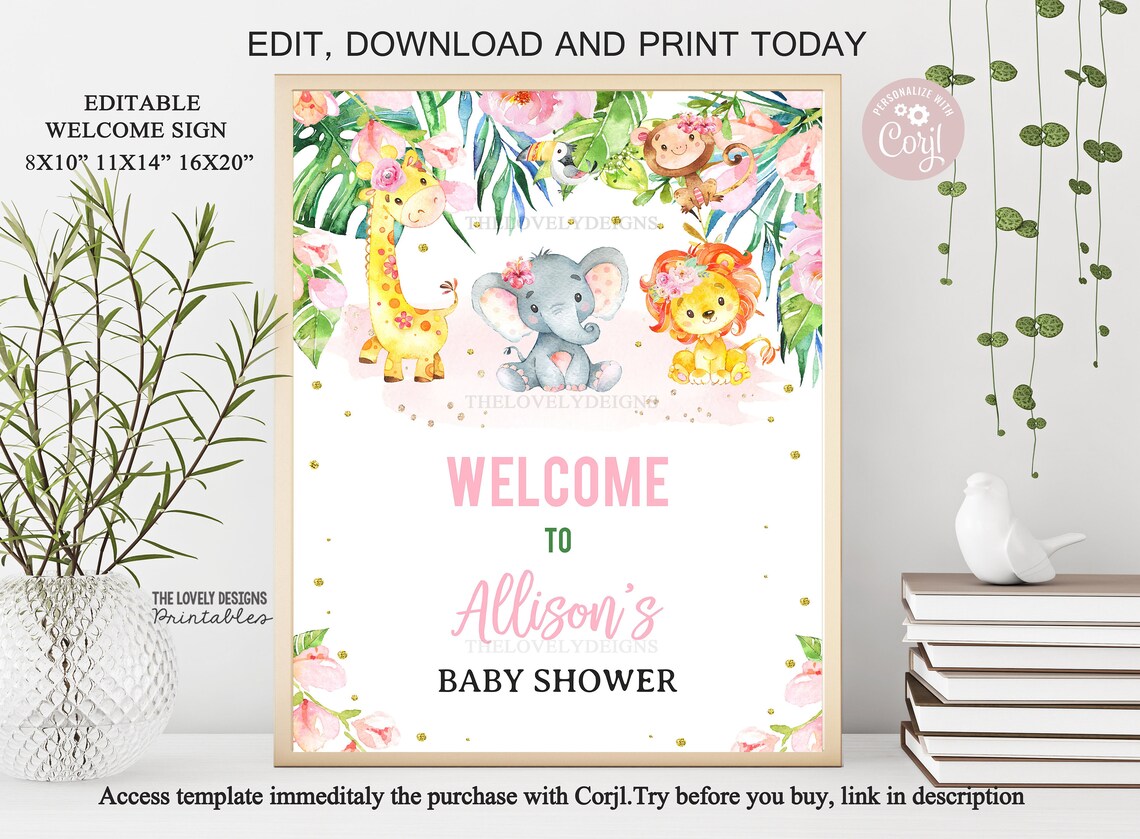 EDITABLE Jungle Welcome Sign Jungle Girl Baby Shower Sign - Etsy