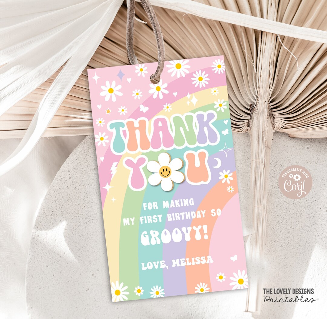 EDITABLE Groovy Birthday Gift Tag Two Groovy One Birthday Rainbow Daisy ...