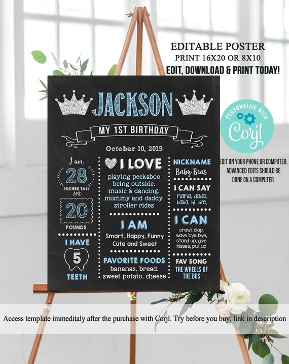 EDITABLE Prince First Birthday Chalkboard Poster Blue and - Etsy