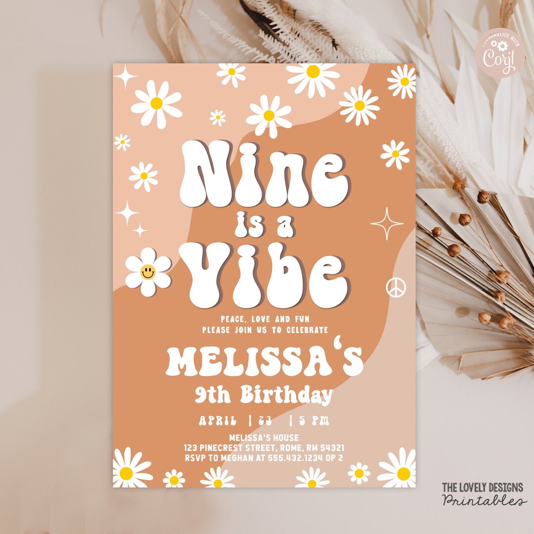 EDITABLE Groovy 9th Birthday Invitation Nine is a Vibe Daisy Groovy ...