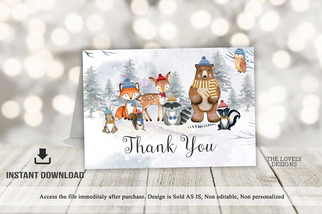 Woodland Folded Thank You Card Printable Woodland Winter Baby Shower ...