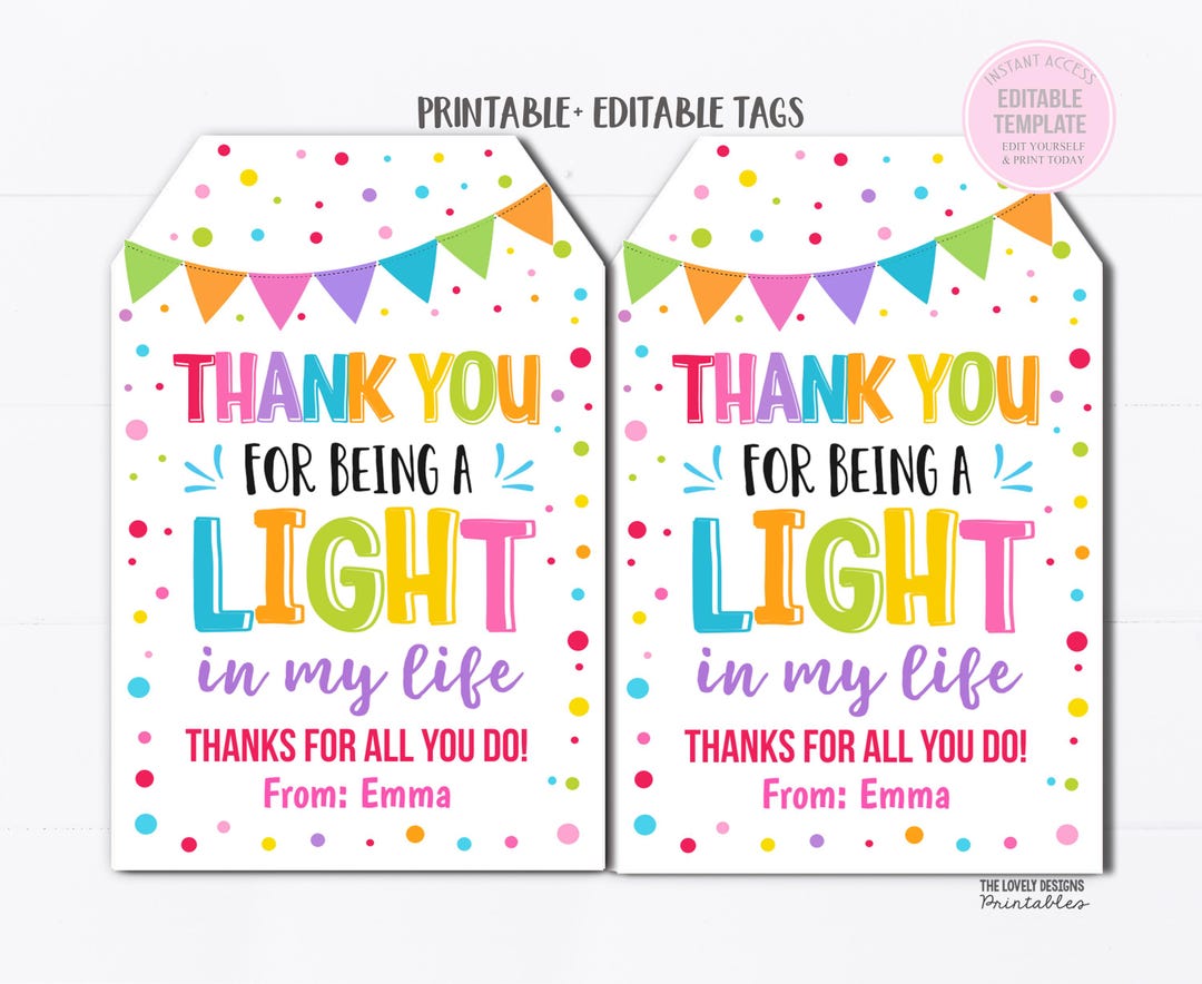 Thank You for Being a Light in My Life Candle Tag, Lights Gift ...
