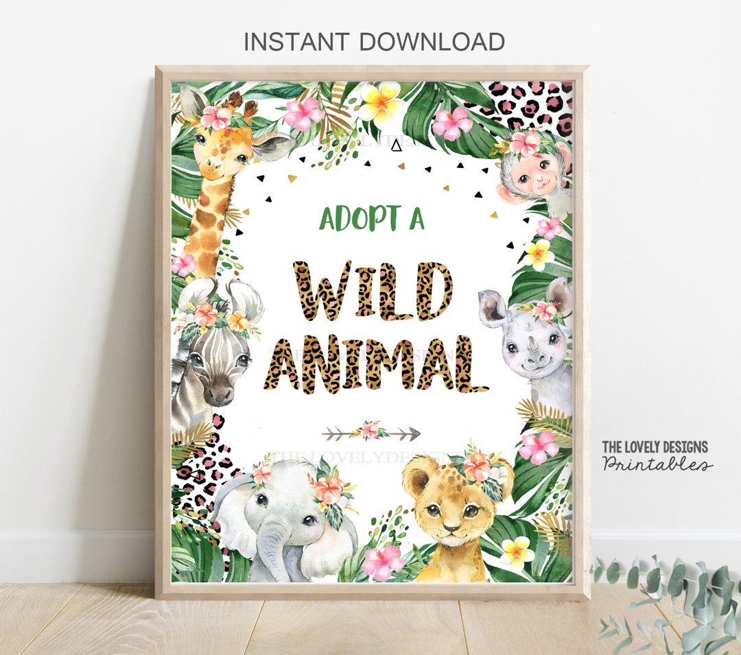 Adopt a Wild Animal Sign Jungle Girl Birthday Sign Jungle Leopard Print ...