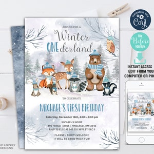 Editable Woodland Winter Onederland Birthday Invitation Woodland 1st ...