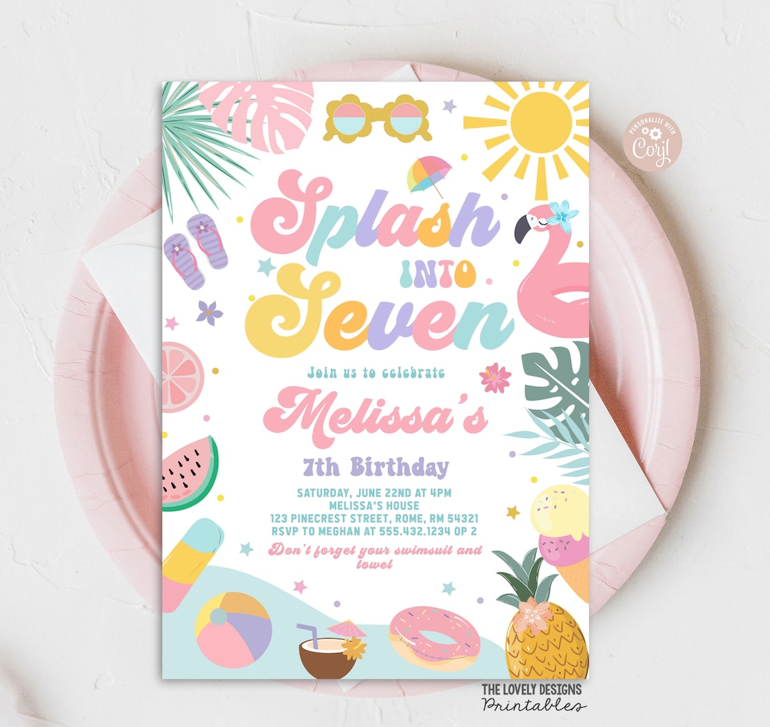 Splash Into Seven 7th Birthday Editable Invitation Pool Party Pink ...