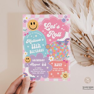 Editable Let's Roll Invitation Smile Face Groovy Retro Roller Skating ...