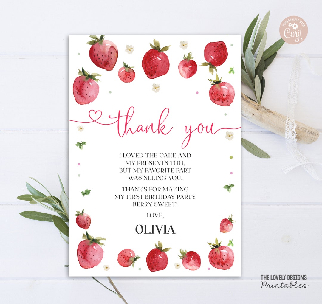 EDITABLE Strawberry Thank You Card Sweet Strawberry Birthday Party ...