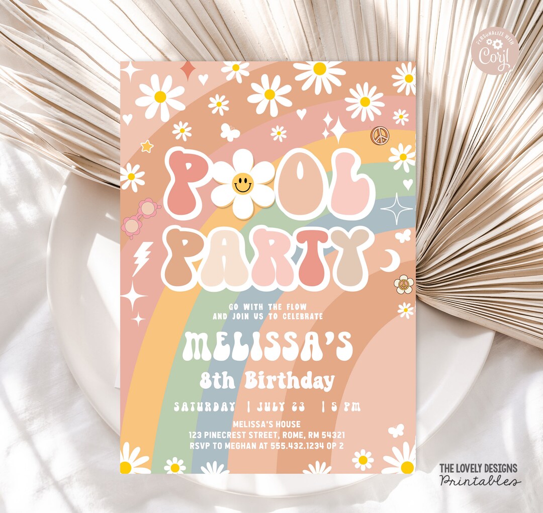 Groovy Pool Party Invitation Editable Groovy Birthday Party Daisy ...
