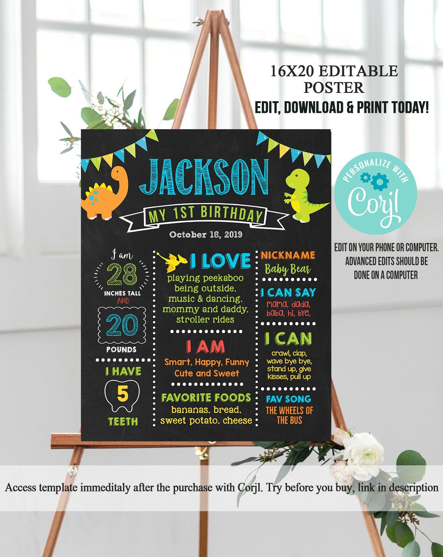 Dinosaur First Birthday Milestone Poster Chalkboard EDITABLE Dinosaurs ...