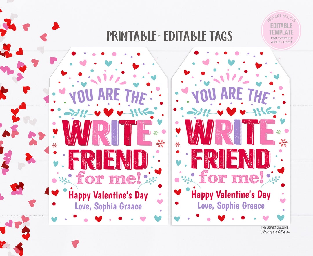 Valentine' S Day Pencil Gift Tags You're the Write Friend for Me Tag ...