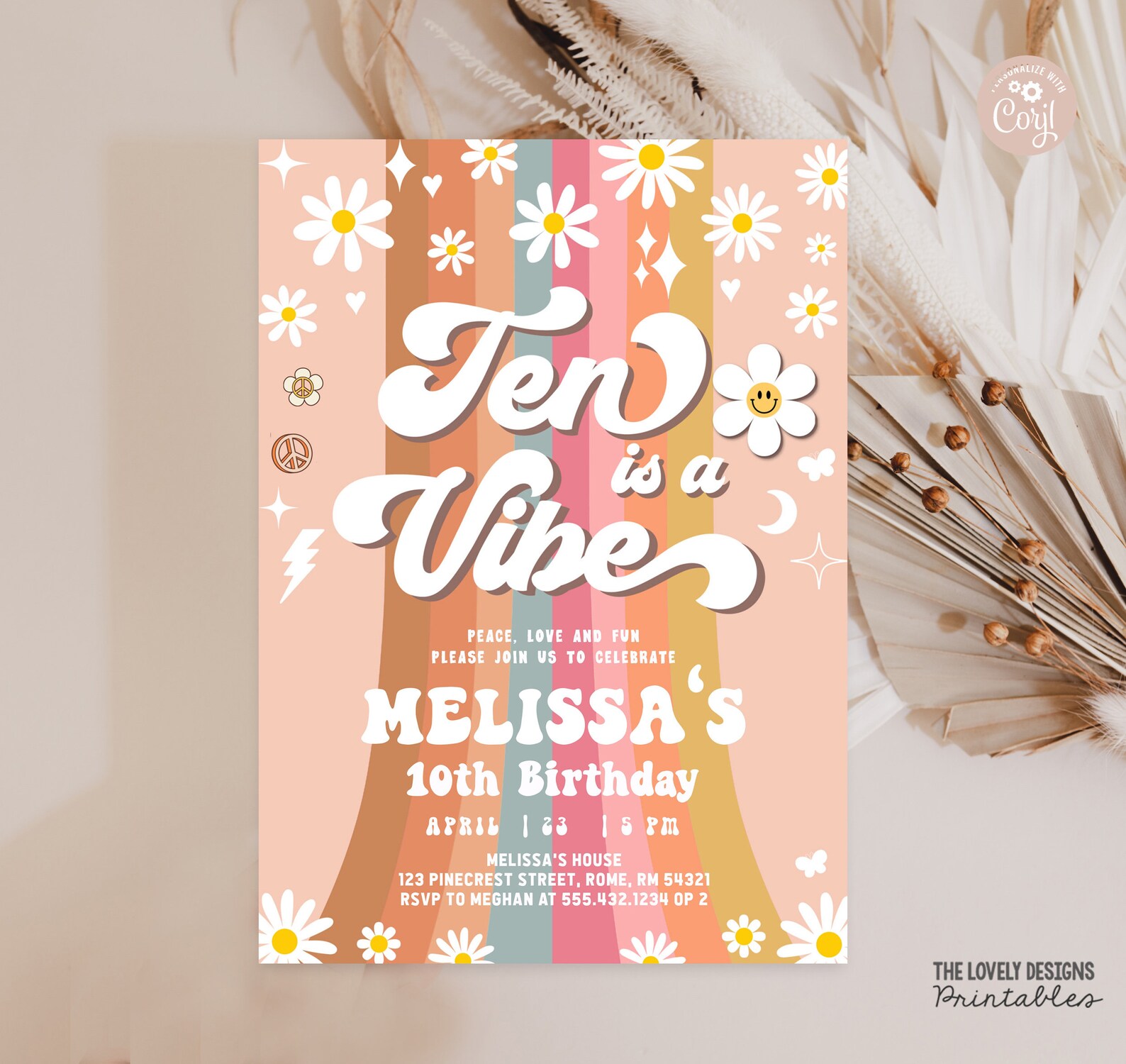 EDITABLE Retro Ten is a Vibe Invitation Groovy 10th Birthday Daisy ...