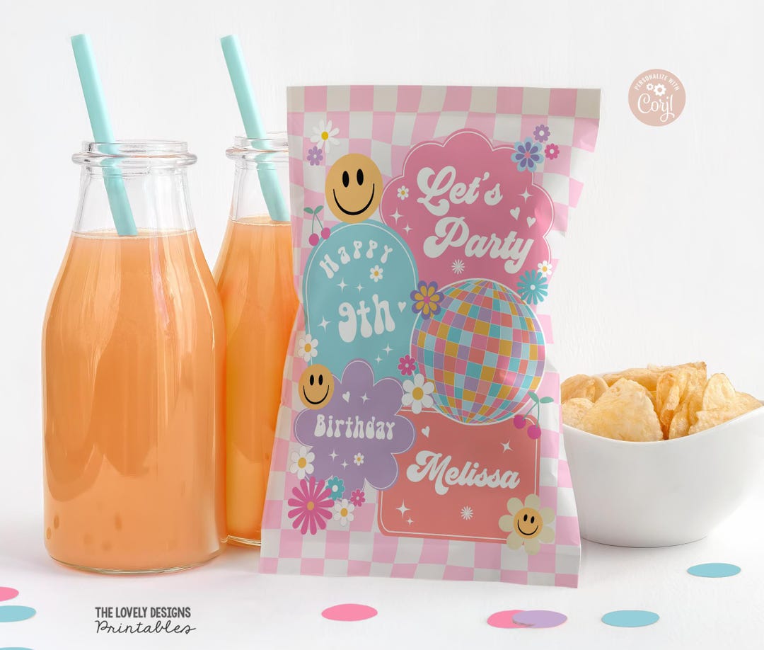 EDITABLE Chip Bag Wrapper Checkered Smile Face Retro Groovy Birthday ...