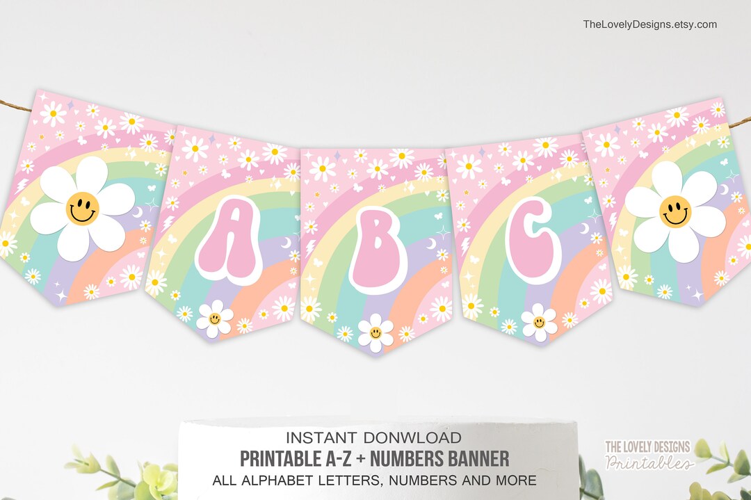 Daisy Groovy Banner A-Z Alphabet Numbers Groovy Birthday Rainbow Pink ...