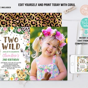 Editable TWO Wild Leopard Print Jungle Birthday Photo Invitation ...