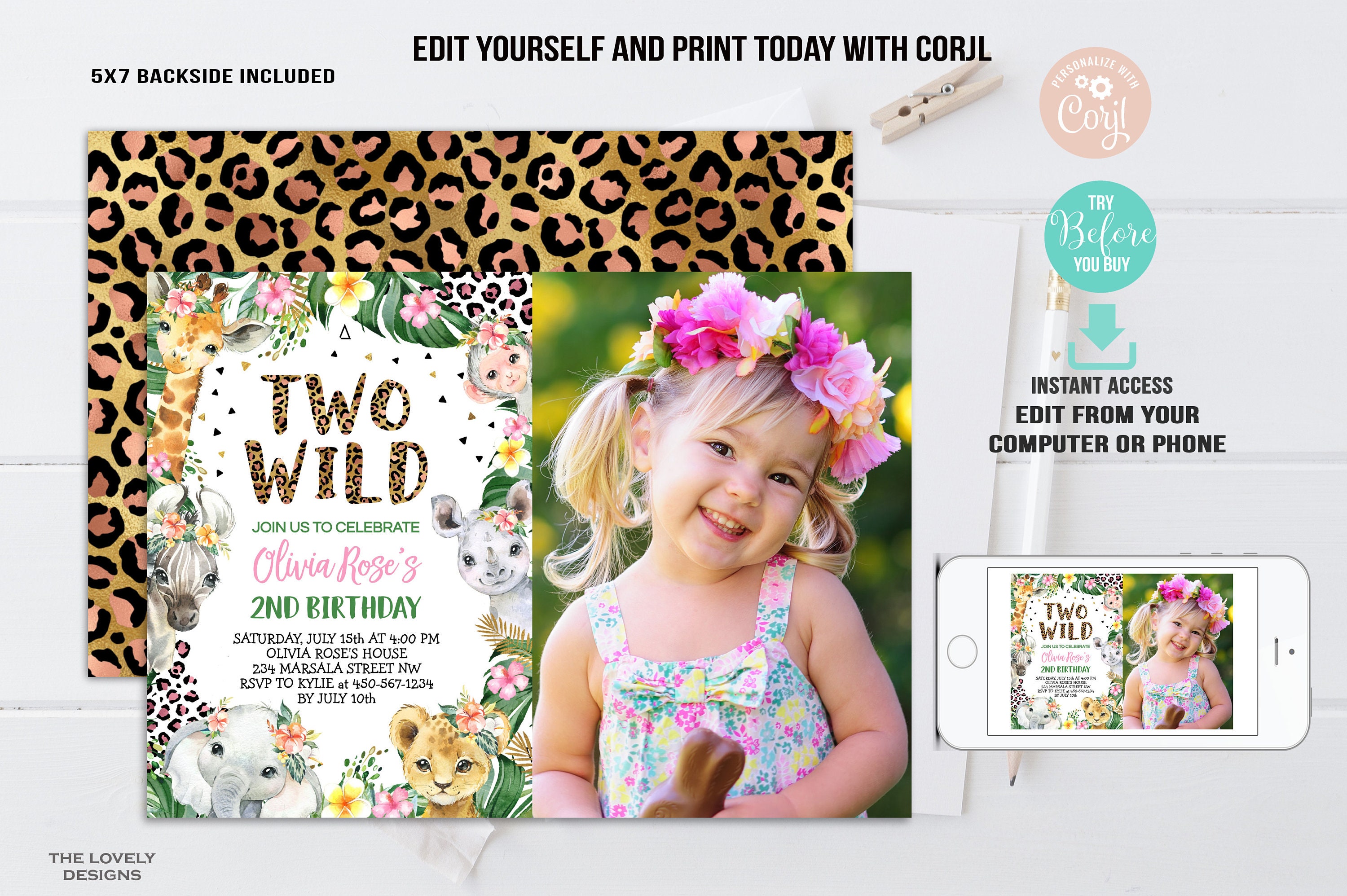 Editable TWO Wild Leopard Print Jungle Birthday Photo Invitation ...