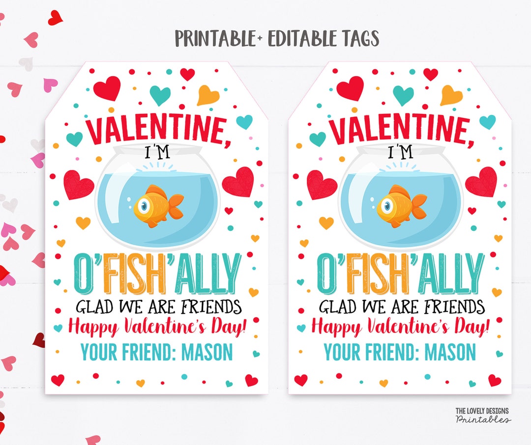 Valentine Goldfish Tags, O'fish'ally Glad We're Friends, Kids Valentine ...