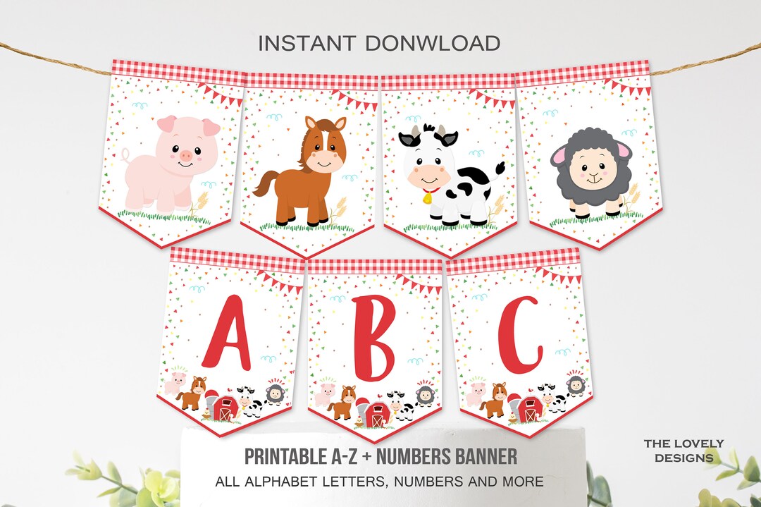 Farm Banner A-Z Alphabet Numbers Farm Animals Happy Birthday Banner ...
