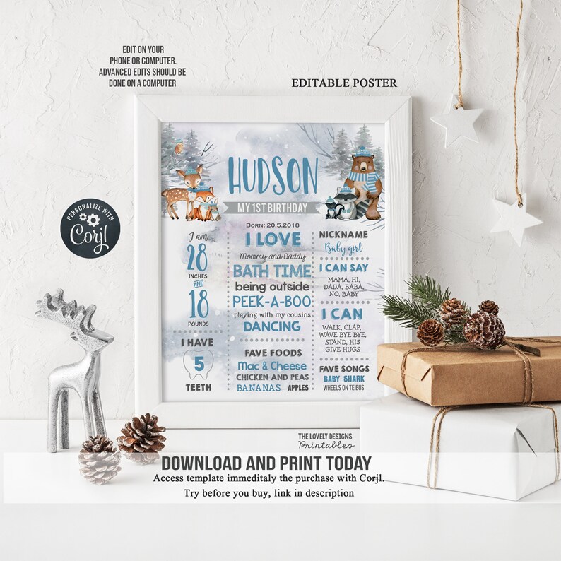 Editable Woodland Winter Onederland First Birthday Milestone Sign ...