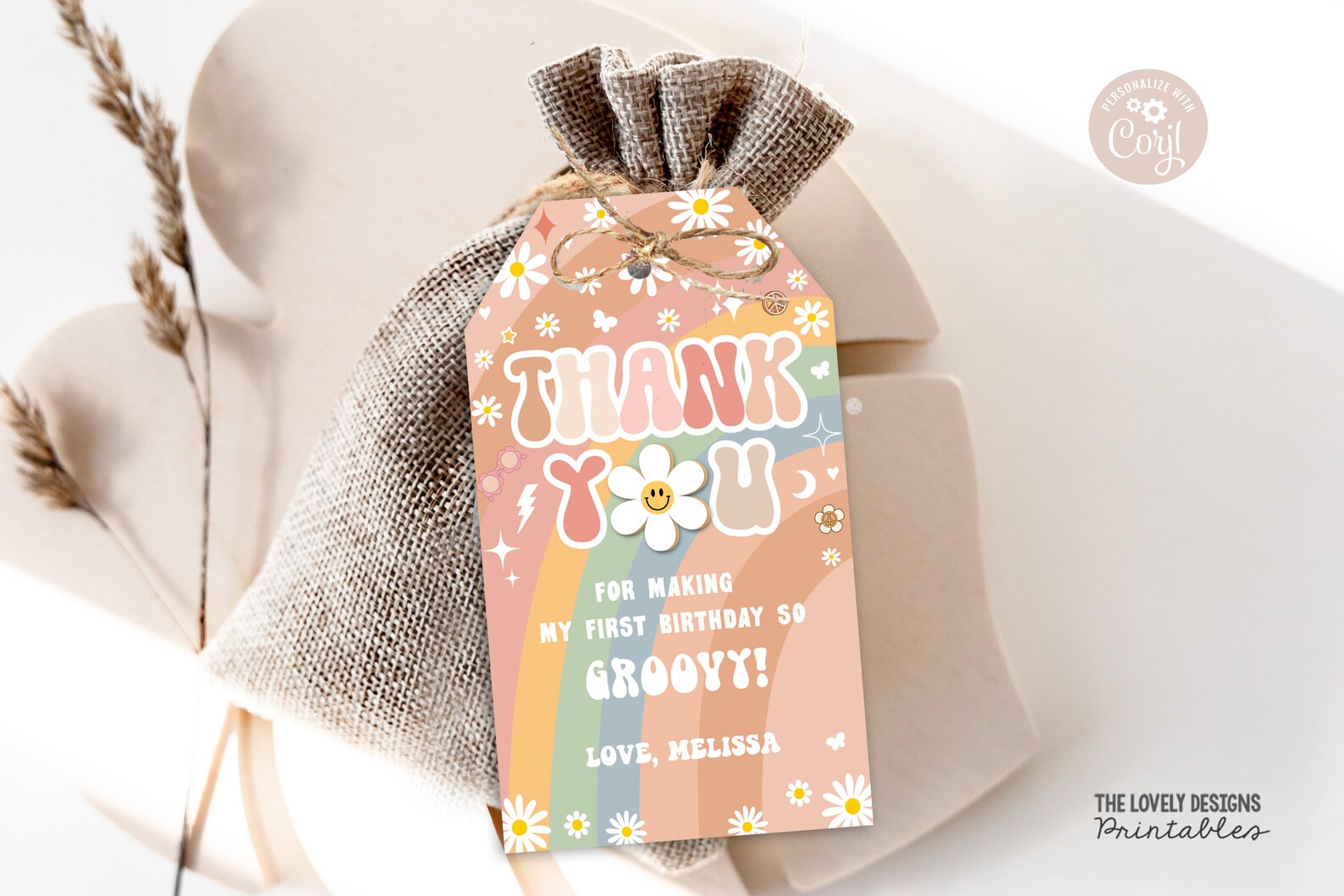 EDITABLE Groovy Daisy Rainbow Favor Tag Groovy Birthday Hippie Retro 70 ...