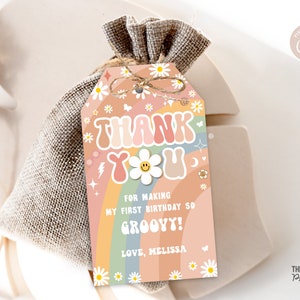 EDITABLE Groovy Daisy Rainbow Favor Tag Groovy Birthday Hippie Retro 70 ...