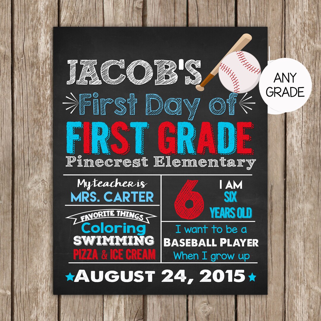 First Day of School Sign ANY Grade, Baseball Chalkboard, Sports ...