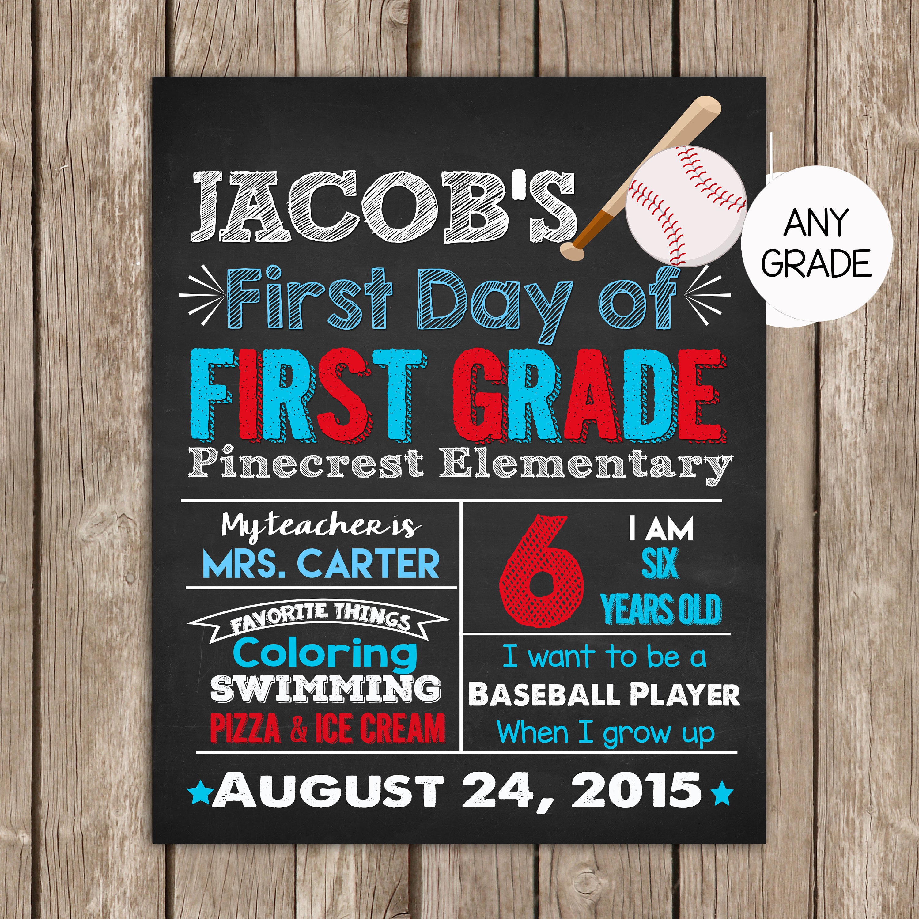 First Day of School Sign ANY Grade Baseball Chalkboard - Etsy