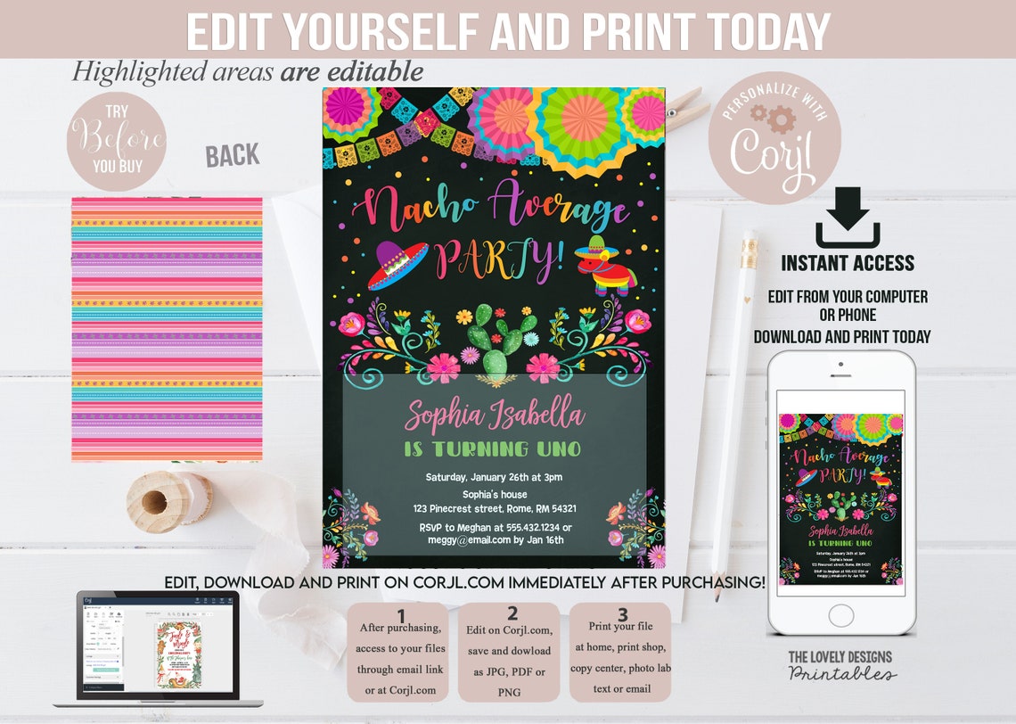 EDITABLE Nacho Average Party Fiesta Invitation Fiesta Birthday - Etsy