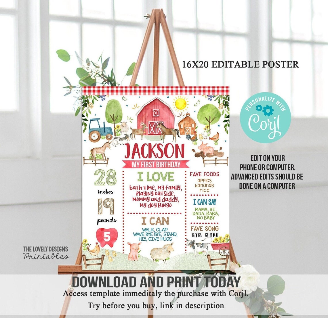 EDITABLE Farm Birthday Milestone Poster Farm Animals Birthday - Etsy
