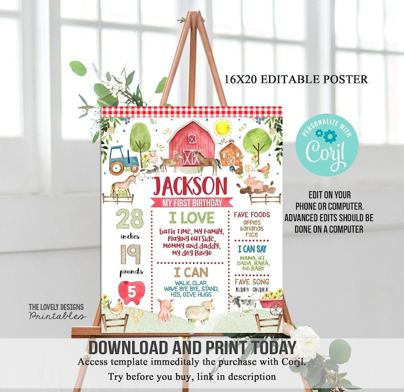 Editable Farm Birthday Milestone Poster Farm Animals Birthday Milestone ...