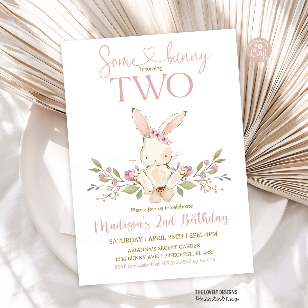Bunny 2nd Birthday Invitation Some Bunny is Turning Two Invitation Pink ...