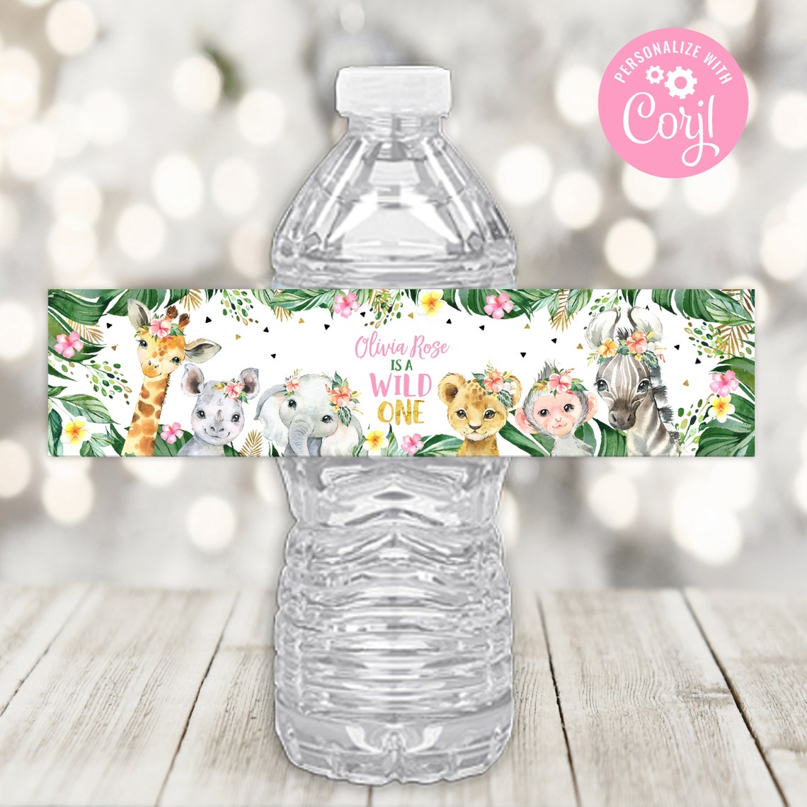 Wild ONE Water Bottle Label Editable Jungle Girl Birthday Party Safari ...