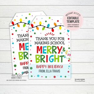 EDITABLE Christmas Tag School Merry & Bright Gift Tag Holidays Gift Tag ...