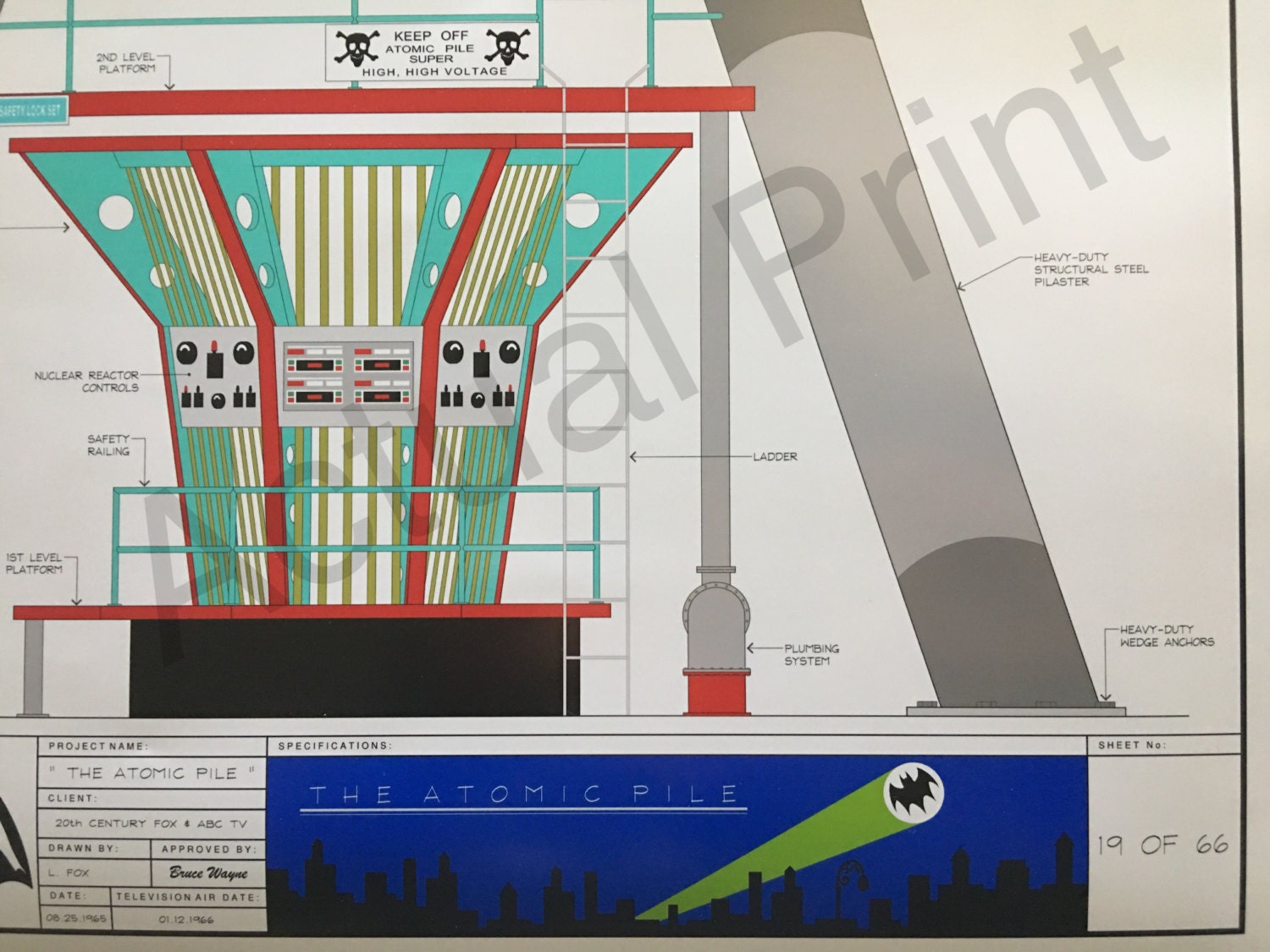 1966 Batman Batcave ATOMIC PILE Technical Design Illustration Art Print ...