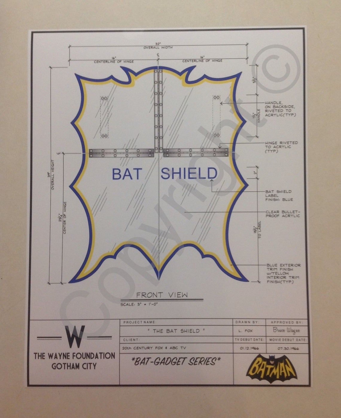1966 Batman & Robin BAT SHIELD Illustration Art Print Signed and #'d by ...