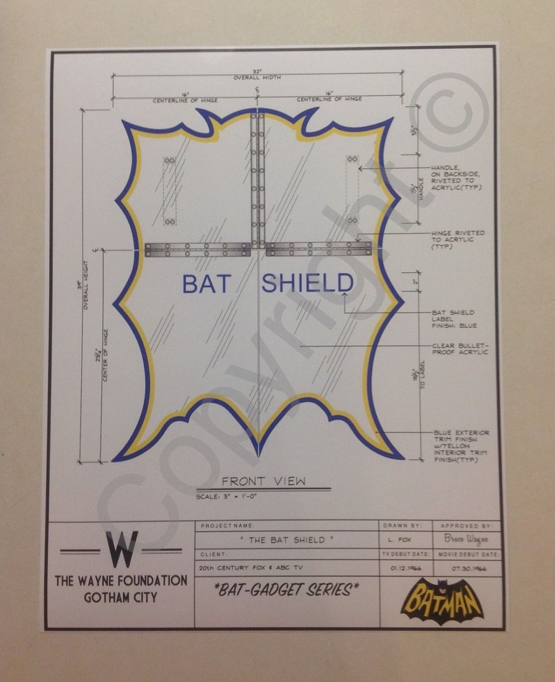 1966 Batman & Robin BAT SHIELD Illustration Art Print Signed and #'d by ...