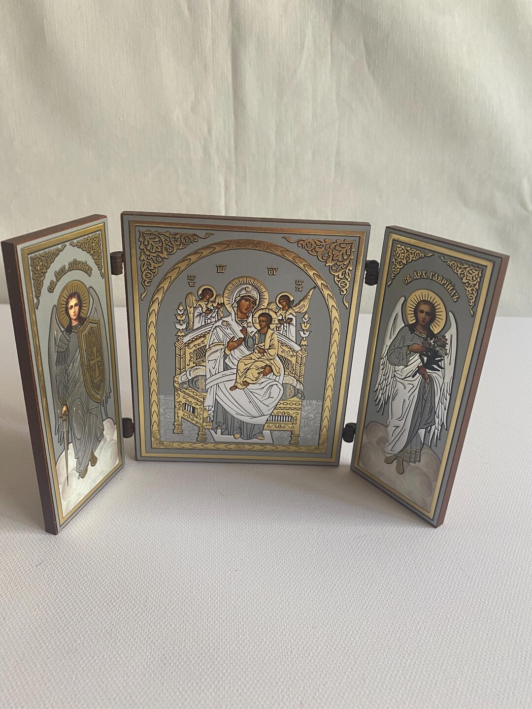 Triptych Icon With Virgin Mary and Archangels in Durable Metal Alloy Plated With Silver and Gold ...