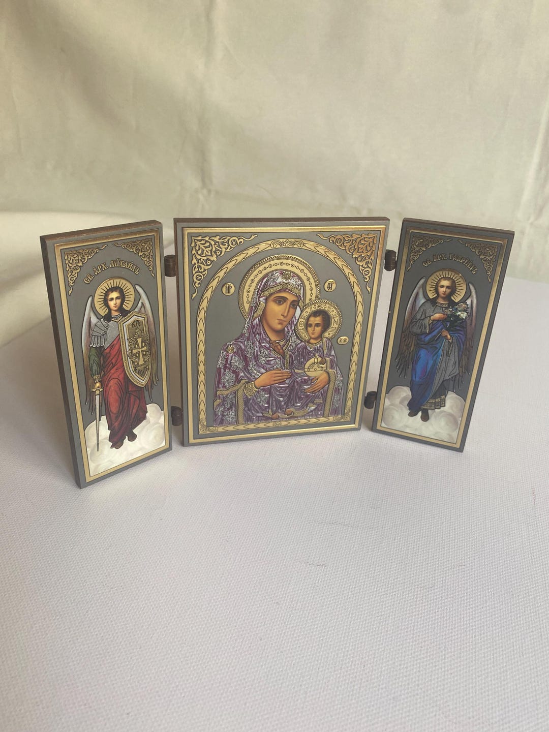Triptych Icon With Virgin Mary and Archangels in Durable Metal Alloy Plated With Silver and Gold ...